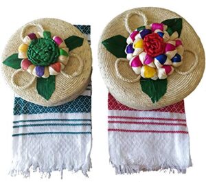 2 pack tortillero & pancake handwoven basket & handloomed tortilla cloth 2 pack warmer keeper bundle 100% palm mexican art.