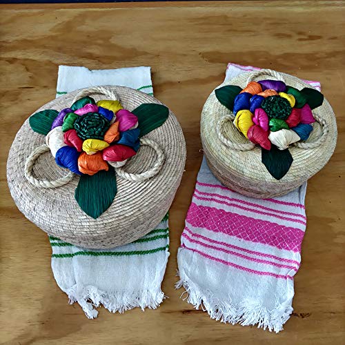 2 Pack Tortillero & Pancake Handwoven Basket & Handloomed Tortilla Cloth 2 Pack Warmer Keeper Bundle 100% Palm Mexican Art.