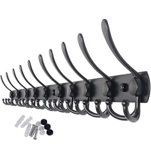 webi coat rack wall mounted,37 5/8'' long,10 hooks,coat hooks wall mounted,16'' hole to hole,coat hanger wall,triple hooks for hanging coats,clothes,jacket,hats,black