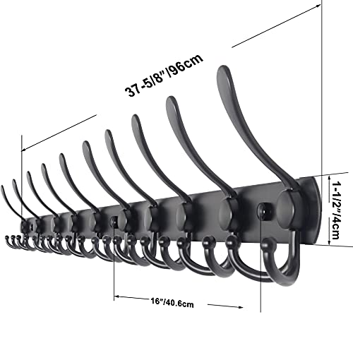 WEBI Coat Rack Wall Mounted,37 5/8'' Long,10 Hooks,Coat Hooks Wall Mounted,16'' Hole to Hole,Coat Hanger Wall,Triple Hooks for Hanging Coats,Clothes,Jacket,Hats,Black