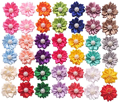 YAKA 40PCS(20Paris) Cute Dog Hair Bows with Rubber Bands Pearls Flowers Topknot Dog Bows Pet Grooming Products 20 Colors