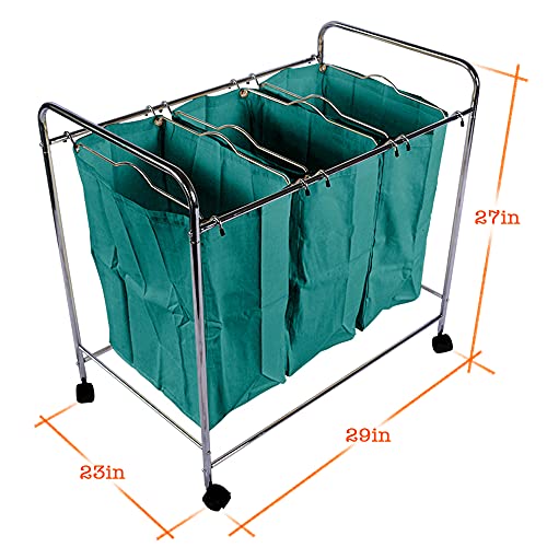 Heavy Duty 3 Bag Rolling Laundry Sorter Storage Cart Clothes Hamper with Wheels Large Baskets Removable Bags Triple Compartment Portable Laundry Hamper Holds Up To Three Loads of Laundry (Indigo)