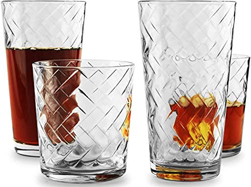 Circleware Chevron Huge Glassware Highball Tumbler Drinking Glasses and Whiskey Cups for Water, Beer, Juice, Ice Tea Beverages, 12 Piece Set, Clear