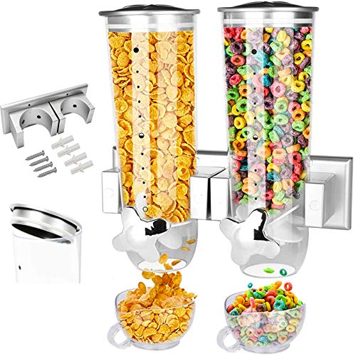 Food Dispensers 2 PACK Wall Mount Double Dry Cereal Dispenser, Convenient Storage Dual Control for Cereal Nuts, Coffee Beans Trail Mix Candy Oatmeal Rice Pasta Candy Container, 50oz Each Cereals Bank