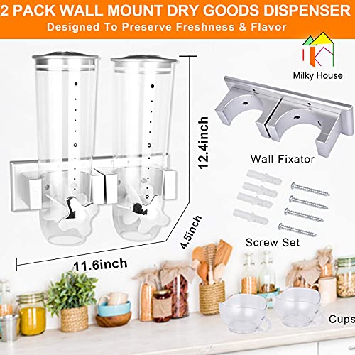 Food Dispensers 2 PACK Wall Mount Double Dry Cereal Dispenser, Convenient Storage Dual Control for Cereal Nuts, Coffee Beans Trail Mix Candy Oatmeal Rice Pasta Candy Container, 50oz Each Cereals Bank