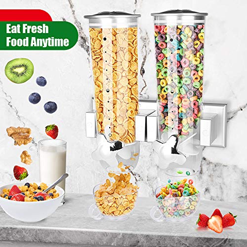 Food Dispensers 2 PACK Wall Mount Double Dry Cereal Dispenser, Convenient Storage Dual Control for Cereal Nuts, Coffee Beans Trail Mix Candy Oatmeal Rice Pasta Candy Container, 50oz Each Cereals Bank