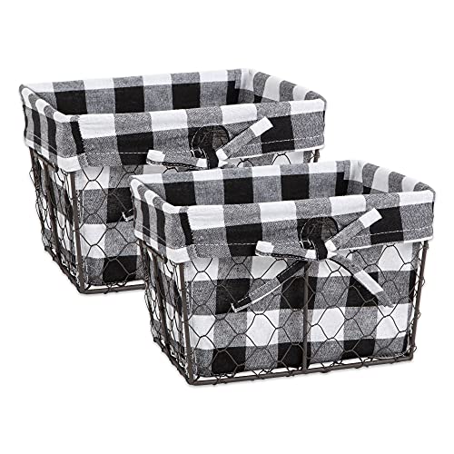 DII Farmhouse Chicken Wire Storage Baskets with Liner, Medium, Vintage Black & White Check, 11x7.88x7", 2 Piece