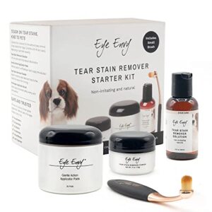 eye envy dog tear stain remover starter kit with propowder brush | stain solution, applicator pads, stain powder and small applicator brush | lasts 30-45 days