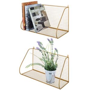 mygift metal mesh wall hanging storage shelves, wall-mounted gold-tone perforated decorative shelves, set of 2