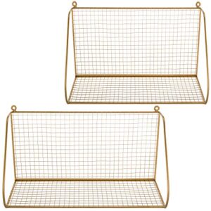 MyGift Metal Mesh Wall Hanging Storage Shelves, Wall-Mounted Gold-Tone Perforated Decorative Shelves, Set of 2