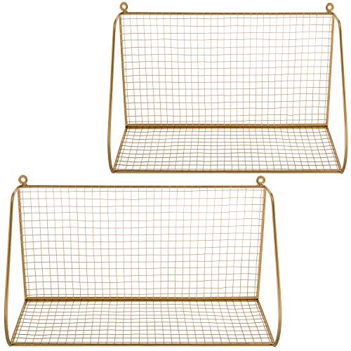 MyGift Metal Mesh Wall Hanging Storage Shelves, Wall-Mounted Gold-Tone Perforated Decorative Shelves, Set of 2