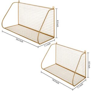 MyGift Metal Mesh Wall Hanging Storage Shelves, Wall-Mounted Gold-Tone Perforated Decorative Shelves, Set of 2