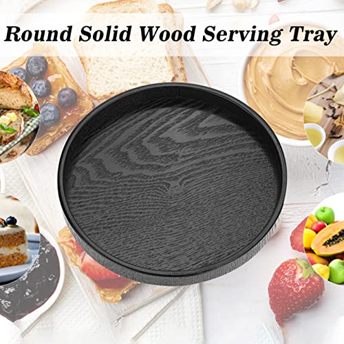 Round Solid Wood Serving Tray Tea Coffee Snack Food Meals Serving Tray Non Slip Wooden Plate Tea Food Server with Raised Edges(27cm)