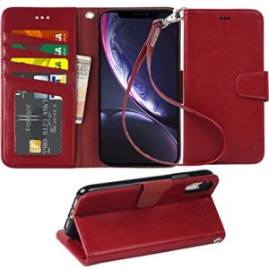 arae wallet case for iphone xr pu leather flip case cover [stand feature] with wrist strap and [4-slots] id&credit cards pocket for iphone xr 6.1 inch (wine red)