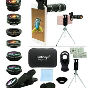 Cell Phone Camera Lens Kit,11 in 1 Universal 20x Telephoto Lens,0.63Wide Angle+15X Macro+198°Fisheye+2X Telephoto+Kaleidoscope+CPL/Starlight/Eyemask/Tripod,for Most iPhone Smartphone (Black)