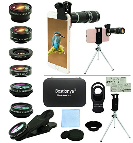 Cell Phone Camera Lens Kit,11 in 1 Universal 20x Telephoto Lens,0.63Wide Angle+15X Macro+198°Fisheye+2X Telephoto+Kaleidoscope+CPL/Starlight/Eyemask/Tripod,for Most iPhone Smartphone (Black)