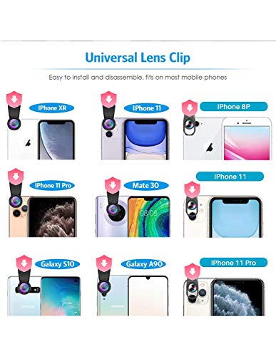 Cell Phone Camera Lens Kit,11 in 1 Universal 20x Telephoto Lens,0.63Wide Angle+15X Macro+198°Fisheye+2X Telephoto+Kaleidoscope+CPL/Starlight/Eyemask/Tripod,for Most iPhone Smartphone (Black)