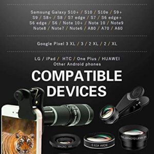 Cell Phone Camera Lens Kit,11 in 1 Universal 20x Telephoto Lens,0.63Wide Angle+15X Macro+198°Fisheye+2X Telephoto+Kaleidoscope+CPL/Starlight/Eyemask/Tripod,for Most iPhone Smartphone (Black)