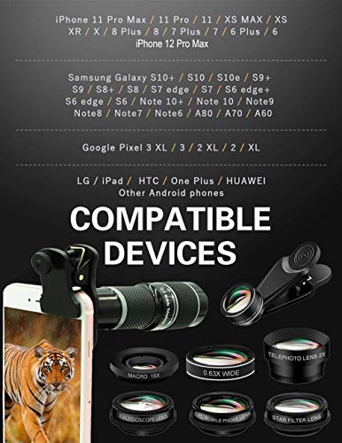 Cell Phone Camera Lens Kit,11 in 1 Universal 20x Telephoto Lens,0.63Wide Angle+15X Macro+198°Fisheye+2X Telephoto+Kaleidoscope+CPL/Starlight/Eyemask/Tripod,for Most iPhone Smartphone (Black)