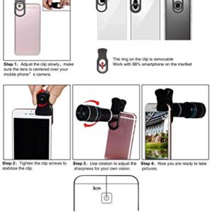 Cell Phone Camera Lens Kit,11 in 1 Universal 20x Telephoto Lens,0.63Wide Angle+15X Macro+198°Fisheye+2X Telephoto+Kaleidoscope+CPL/Starlight/Eyemask/Tripod,for Most iPhone Smartphone (Black)