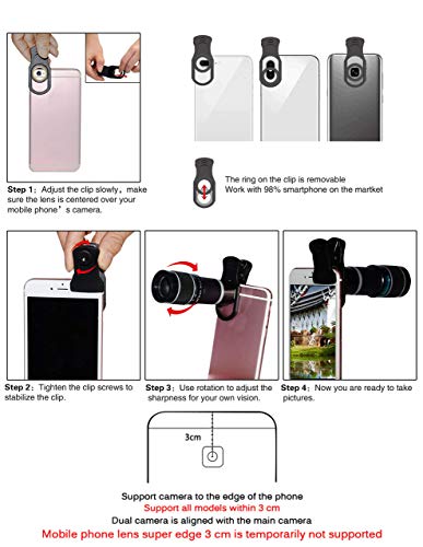 Cell Phone Camera Lens Kit,11 in 1 Universal 20x Telephoto Lens,0.63Wide Angle+15X Macro+198°Fisheye+2X Telephoto+Kaleidoscope+CPL/Starlight/Eyemask/Tripod,for Most iPhone Smartphone (Black)