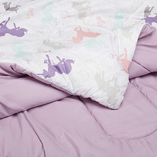 Amazon Basics Easy-Wash Microfiber Kid's Comforter and Pillow Sham Set - Twin, Purple Unicorns