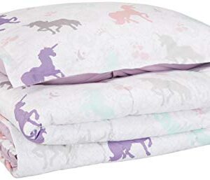 Amazon Basics Easy-Wash Microfiber Kid's Comforter and Pillow Sham Set - Twin, Purple Unicorns