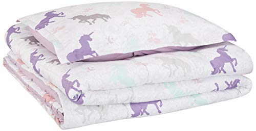 Amazon Basics Easy-Wash Microfiber Kid's Comforter and Pillow Sham Set - Twin, Purple Unicorns