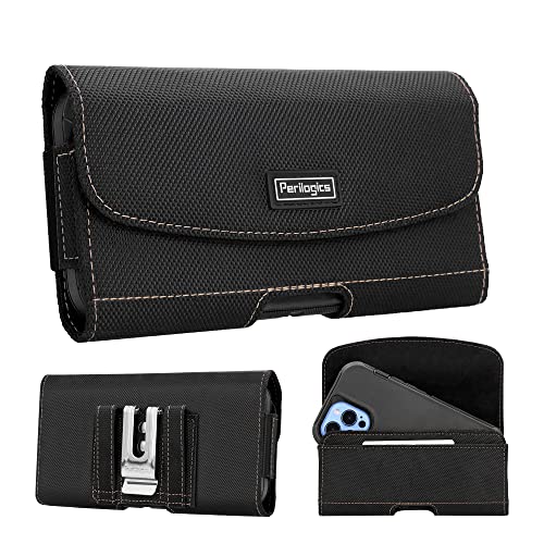 Nylon Belt Holster For iPhone 14 Plus, iPhone 14 Pro Max, 13 Pro Max, 12 Pro Max, 11 Pro Max, Xs Max With Phone Case Installed. Phone Pouch With Chestnut Stitching, Magnetic Cover, Belt Loops, ID slot