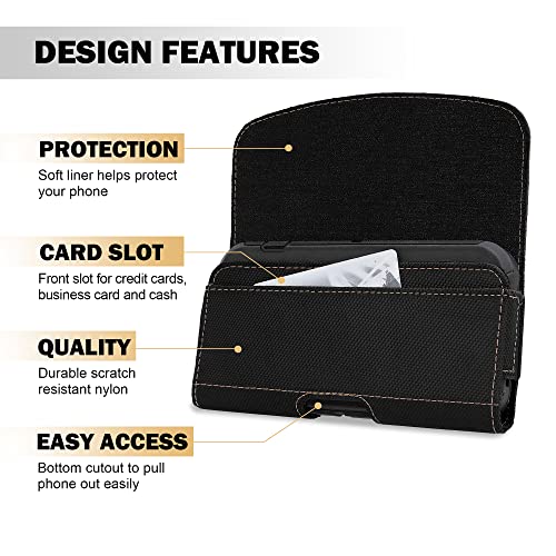 Nylon Belt Holster For iPhone 14 Plus, iPhone 14 Pro Max, 13 Pro Max, 12 Pro Max, 11 Pro Max, Xs Max With Phone Case Installed. Phone Pouch With Chestnut Stitching, Magnetic Cover, Belt Loops, ID slot