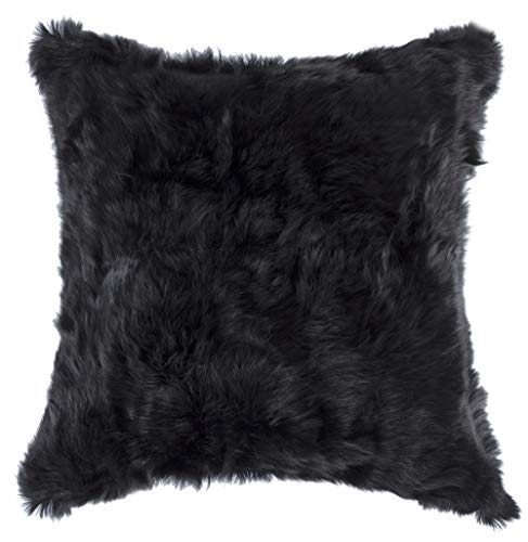 Natural Fur Throw Pillow Cover with Soft Poly Insert | Handcrafted Fluffy Decorative Pillow with Real Rabbit Fur, Black, 18 in x 18 in