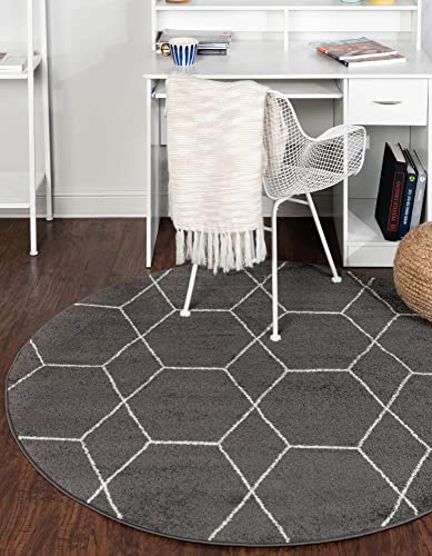 Unique Loom Trellis Frieze Collection Area Rug - Geometric (4' 1" Round, Dark Gray/ Ivory)