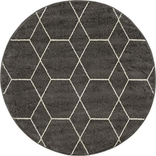 Unique Loom Trellis Frieze Collection Area Rug - Geometric (4' 1" Round, Dark Gray/ Ivory)