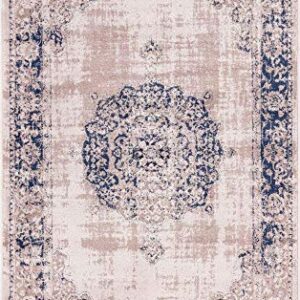 Unique Loom Leila Collection Traditional, Distressed, Medallion, Border, High-Low Pile, Vintage Area Rug, 3' 3" x 5' 3", Tan/Navy Blue