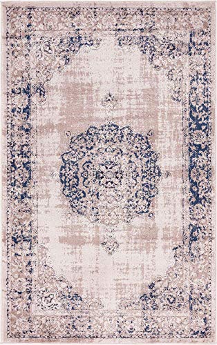 Unique Loom Leila Collection Traditional, Distressed, Medallion, Border, High-Low Pile, Vintage Area Rug, 3' 3" x 5' 3", Tan/Navy Blue