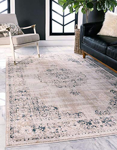 Unique Loom Leila Collection Traditional, Distressed, Medallion, Border, High-Low Pile, Vintage Area Rug, 3' 3" x 5' 3", Tan/Navy Blue