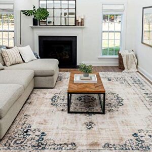 Unique Loom Leila Collection Traditional, Distressed, Medallion, Border, High-Low Pile, Vintage Area Rug, 3' 3" x 5' 3", Tan/Navy Blue