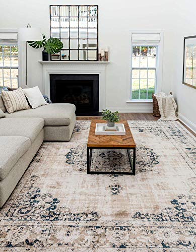 Unique Loom Leila Collection Traditional, Distressed, Medallion, Border, High-Low Pile, Vintage Area Rug, 3' 3" x 5' 3", Tan/Navy Blue