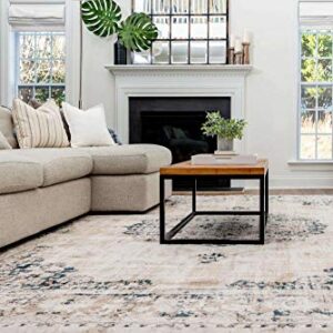 Unique Loom Leila Collection Traditional, Distressed, Medallion, Border, High-Low Pile, Vintage Area Rug, 3' 3" x 5' 3", Tan/Navy Blue