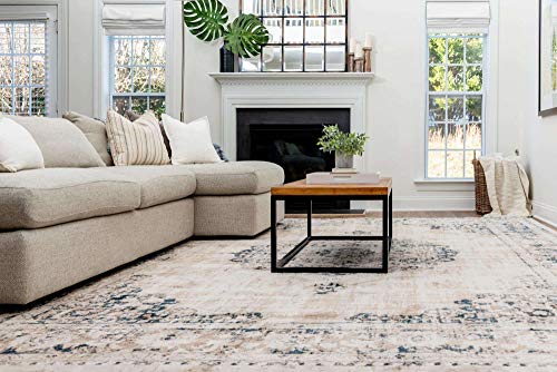 Unique Loom Leila Collection Traditional, Distressed, Medallion, Border, High-Low Pile, Vintage Area Rug, 3' 3" x 5' 3", Tan/Navy Blue