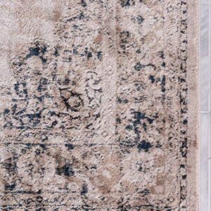 Unique Loom Leila Collection Traditional, Distressed, Medallion, Border, High-Low Pile, Vintage Area Rug, 3' 3" x 5' 3", Tan/Navy Blue