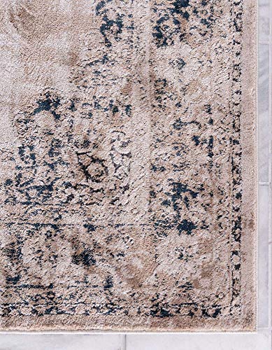 Unique Loom Leila Collection Traditional, Distressed, Medallion, Border, High-Low Pile, Vintage Area Rug, 3' 3" x 5' 3", Tan/Navy Blue