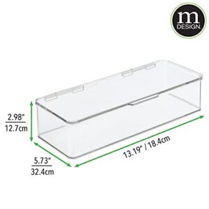 mDesign Long Plastic Kitchen Pantry/Fridge Storage Organizer Box Containers with Hinge Lid for Shelves or Cabinets, Holds Food, Snacks, Seasoning, Condiments, Flatware, Utensils - 4 Pack - Clear