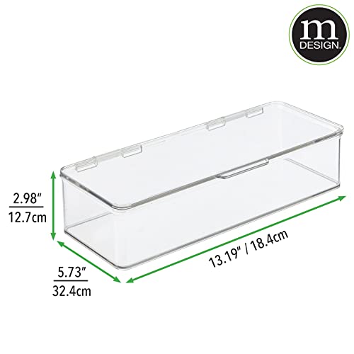 mDesign Long Plastic Kitchen Pantry/Fridge Storage Organizer Box Containers with Hinge Lid for Shelves or Cabinets, Holds Food, Snacks, Seasoning, Condiments, Flatware, Utensils - 4 Pack - Clear