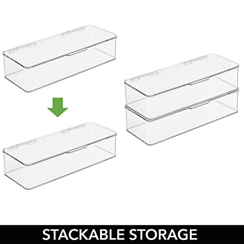 mDesign Long Plastic Kitchen Pantry/Fridge Storage Organizer Box Containers with Hinge Lid for Shelves or Cabinets, Holds Food, Snacks, Seasoning, Condiments, Flatware, Utensils - 4 Pack - Clear