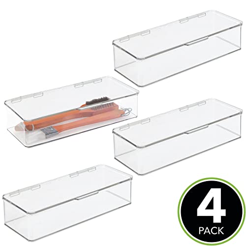 mDesign Long Plastic Kitchen Pantry/Fridge Storage Organizer Box Containers with Hinge Lid for Shelves or Cabinets, Holds Food, Snacks, Seasoning, Condiments, Flatware, Utensils - 4 Pack - Clear