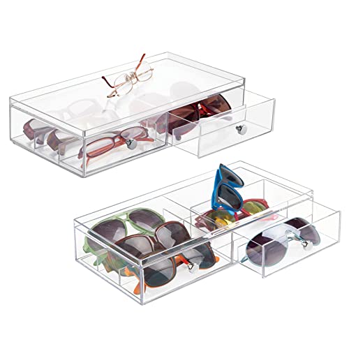 mDesign Wide Stackable Plastic Eye Glass Organizer Box Holder for Sunglasses, Reading Glasses, Lens Cleaning Cloths, Accessories - 2 Divided Drawers with 6 Sections, Chrome Pulls, 2 Pack - Clear