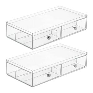 mDesign Wide Stackable Plastic Eye Glass Organizer Box Holder for Sunglasses, Reading Glasses, Lens Cleaning Cloths, Accessories - 2 Divided Drawers with 6 Sections, Chrome Pulls, 2 Pack - Clear