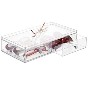 mDesign Wide Stackable Plastic Eye Glass Organizer Box Holder for Sunglasses, Reading Glasses, Lens Cleaning Cloths, Accessories - 2 Divided Drawers with 6 Sections, Chrome Pulls, 2 Pack - Clear