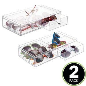 mDesign Wide Stackable Plastic Eye Glass Organizer Box Holder for Sunglasses, Reading Glasses, Lens Cleaning Cloths, Accessories - 2 Divided Drawers with 6 Sections, Chrome Pulls, 2 Pack - Clear